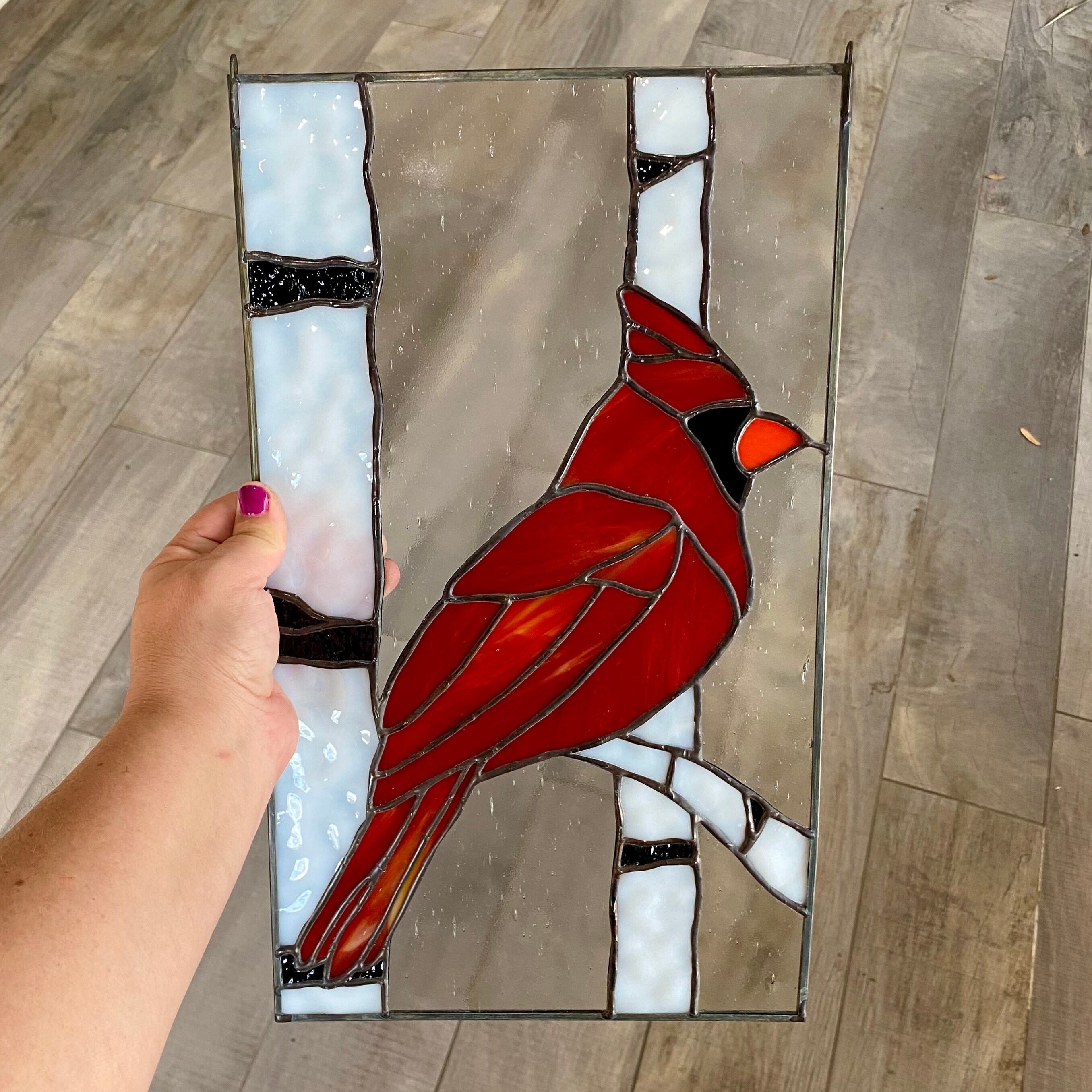 Products Handcrafted simple stained glass cardinal panel unique window hanging memorial gift idea birding home decor nature wall hanging
