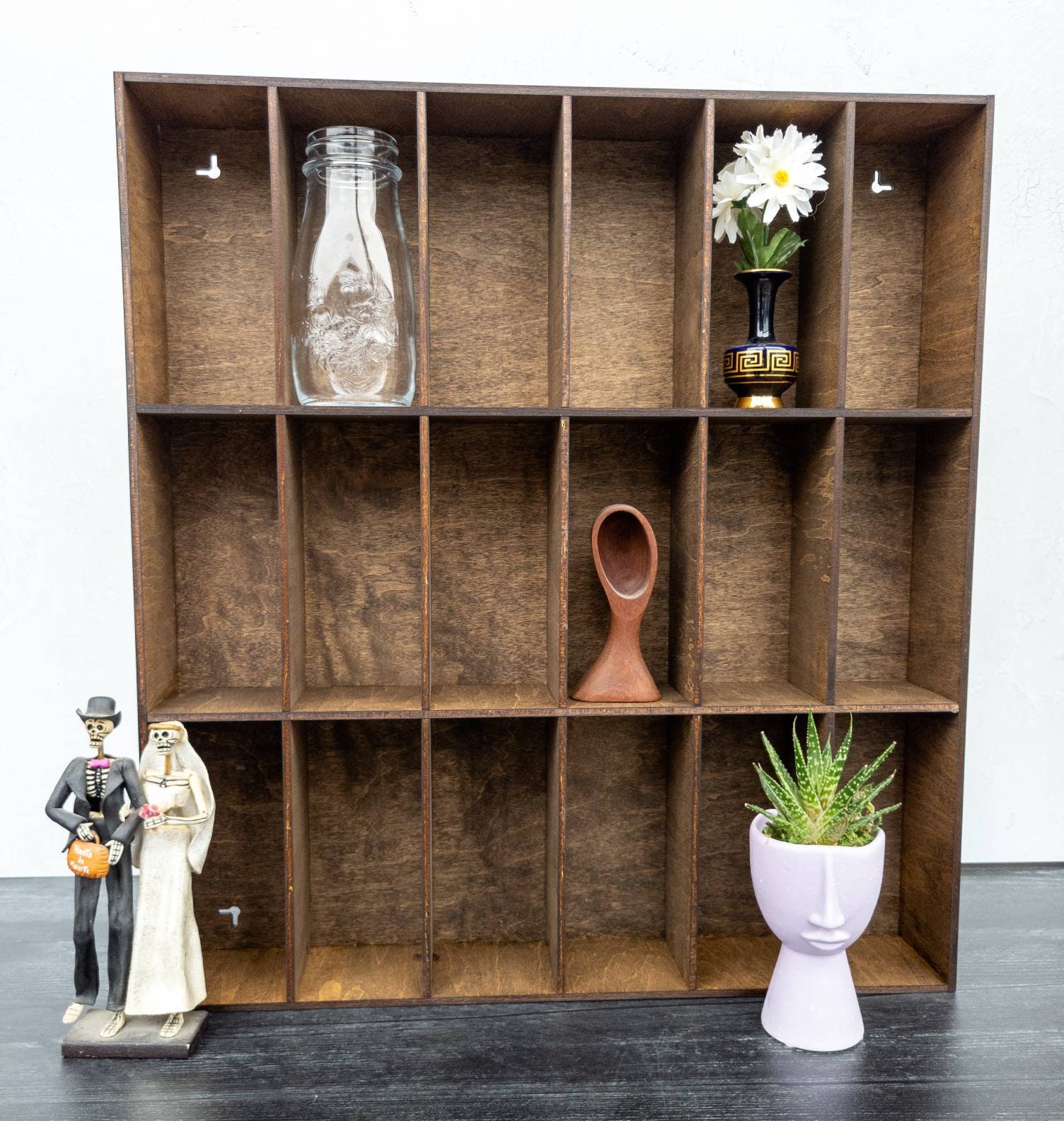 18 Compartment Wooden Display Shelf Trinket Shelf Curio Cabinet Knick Knack Collection Display Printer Tray Figure Organizer Display