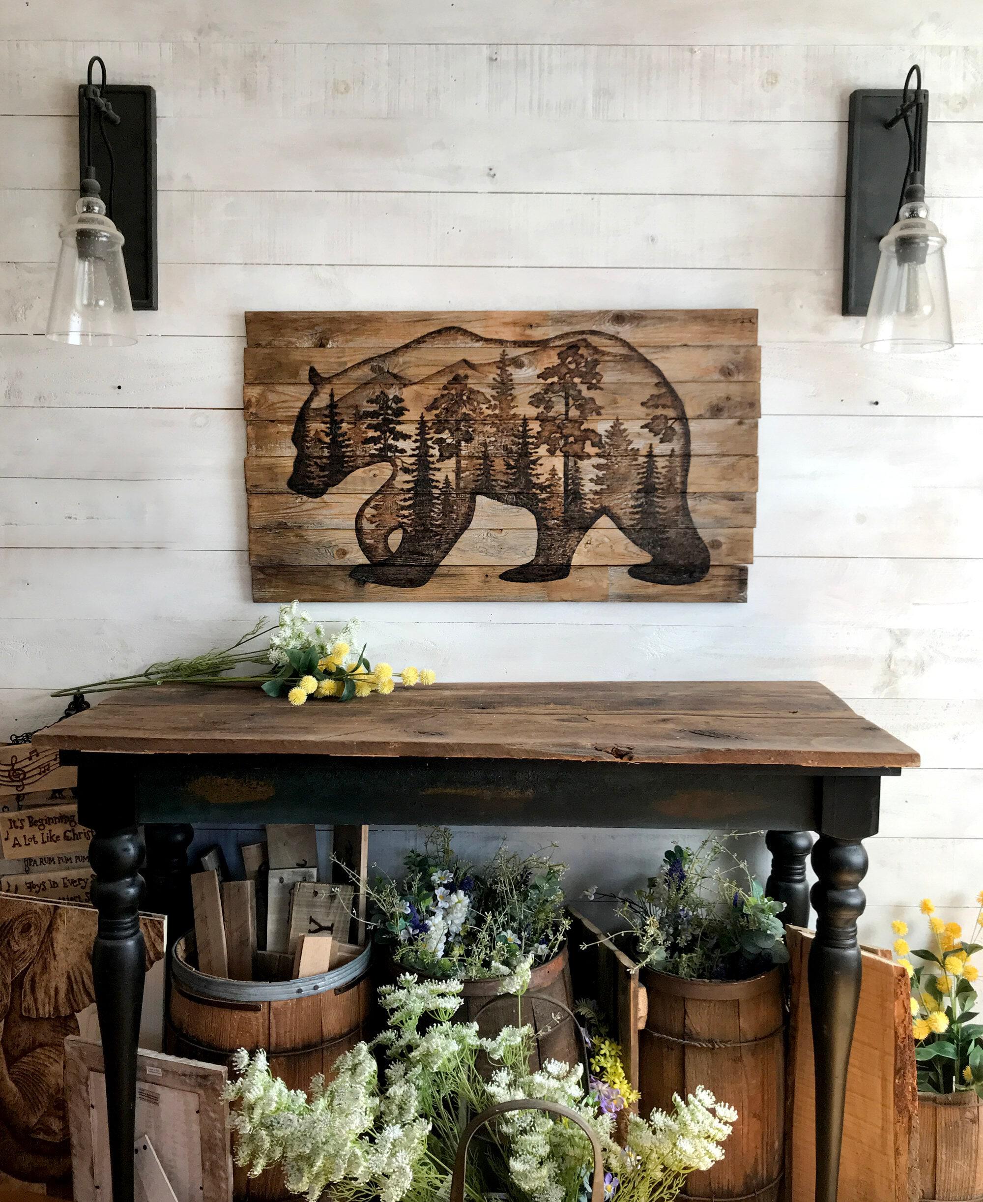 Rustic Wood Wall Hangings Bear Wall Art Pine Forest Wall Art Natural Decor Cabin Wall Hanging Black Bear Silhouette Reclaimed Wood Decor