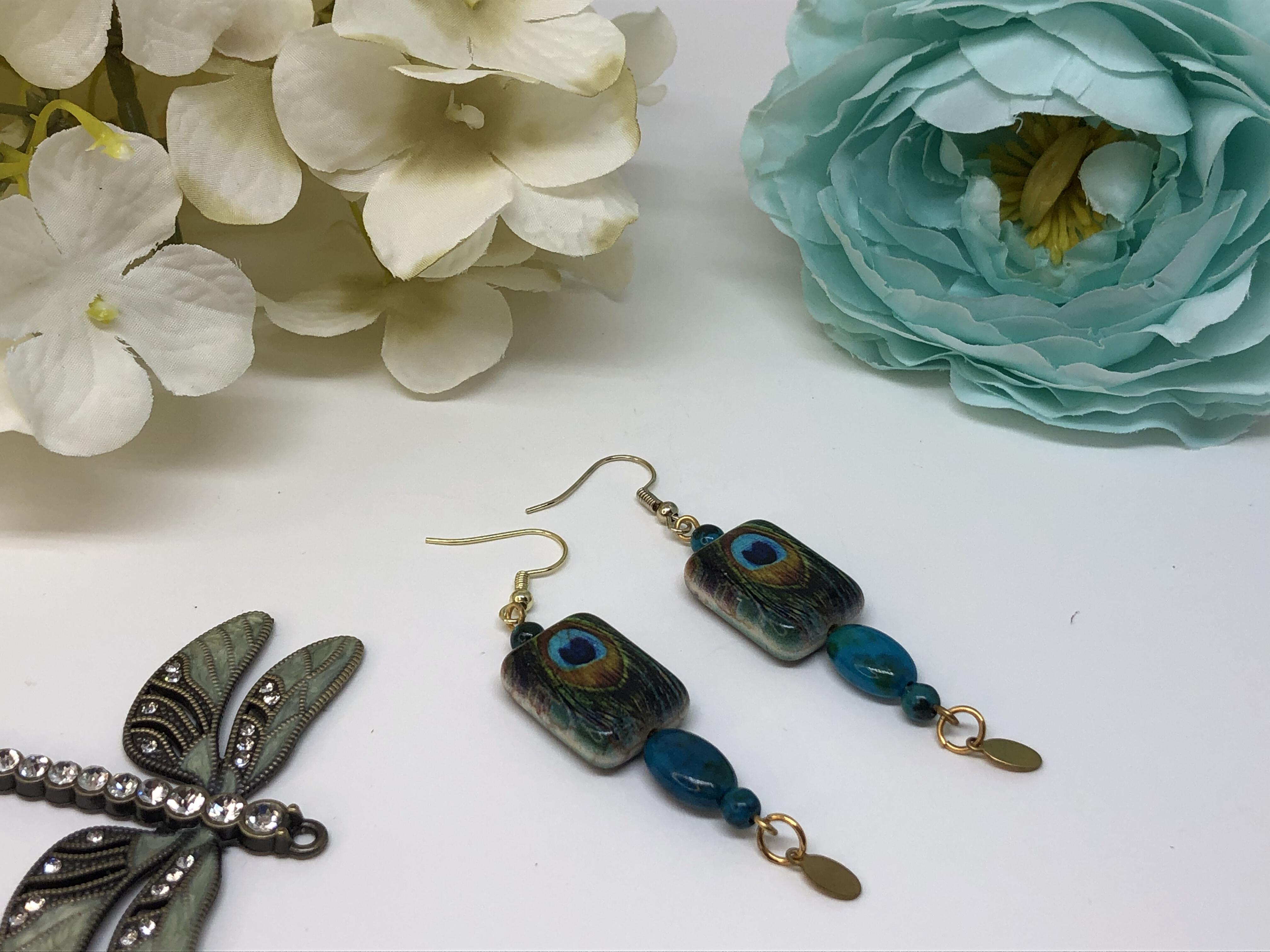 Handmade Rectangle Peacock Dangle Earrings