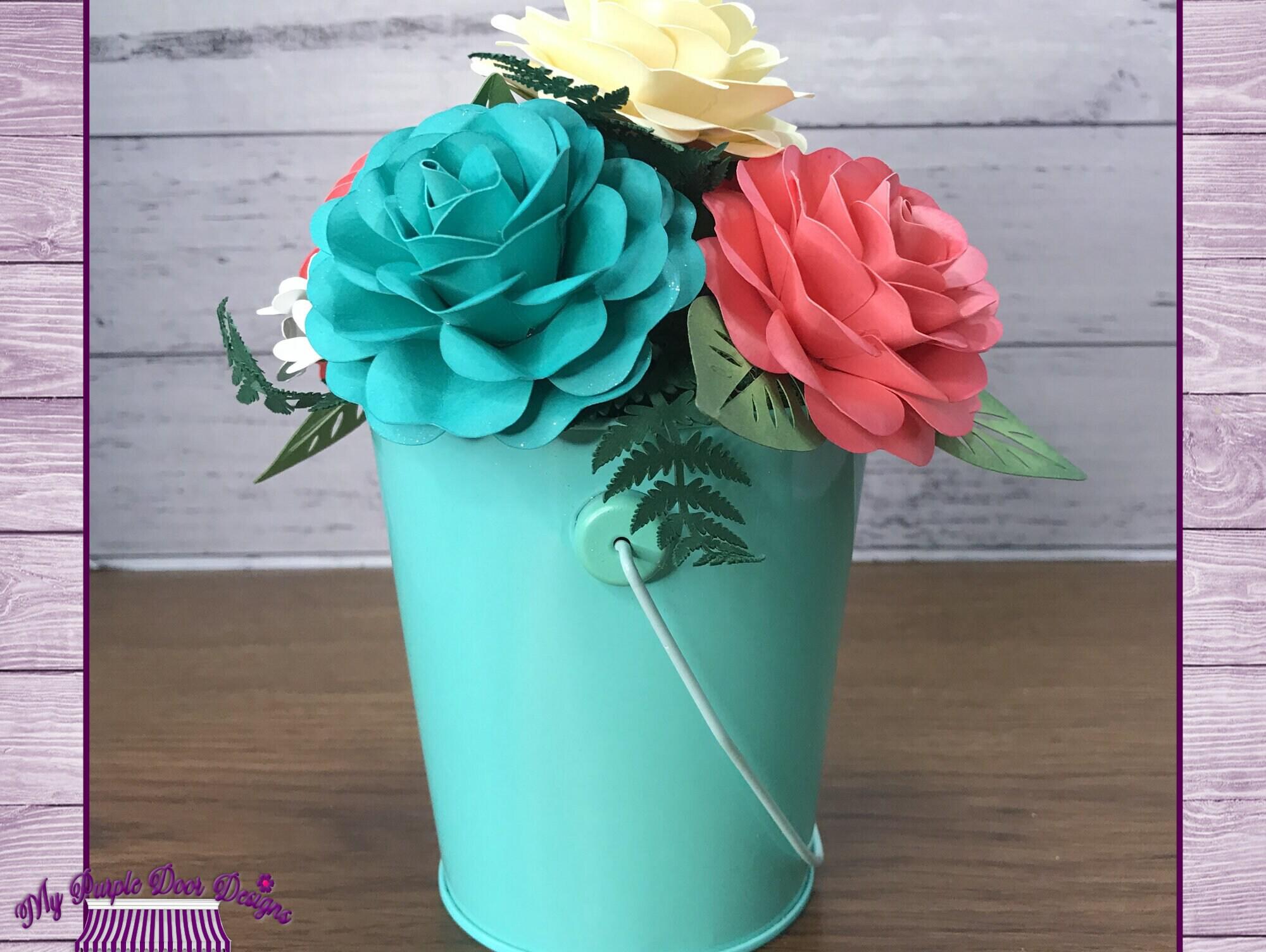My Purple Door Designs - Paper Flowers Sea Foam Green Floral Bucket