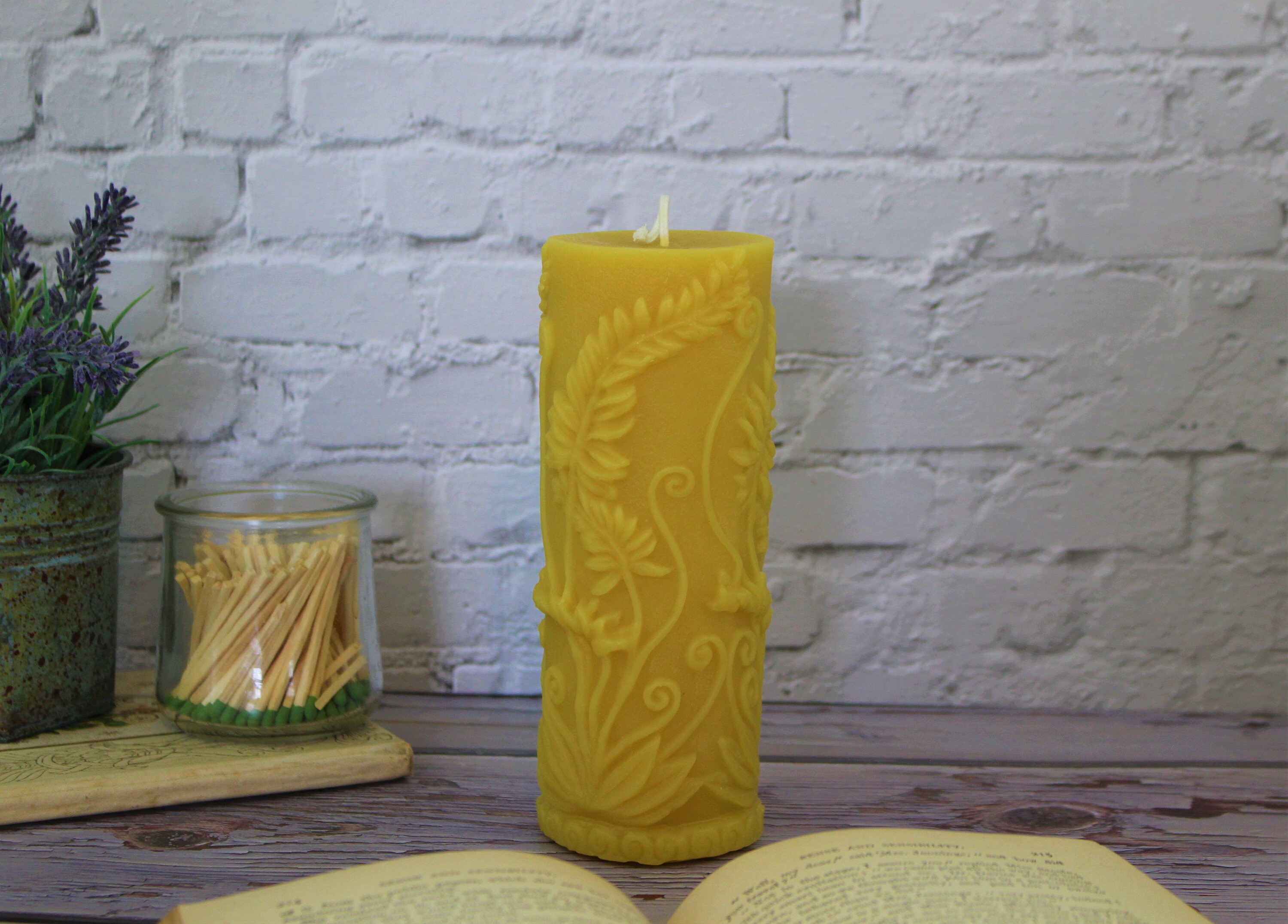 Beeswax Pillar Candle - Fern 16 oz Natural Beeswax Pillar Candle ...