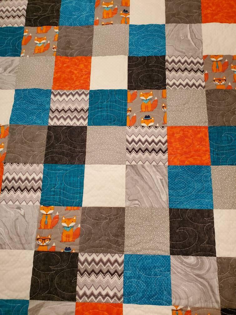 Products :: Fox Baby Quilt, Teal, Orange, and Grey Fox Quilt, Gender ...