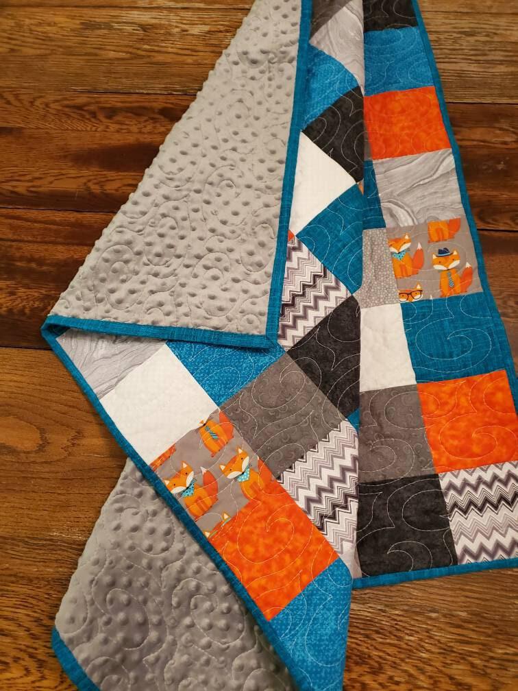 Products :: Fox Baby Quilt, Teal, Orange, and Grey Fox Quilt, Gender ...