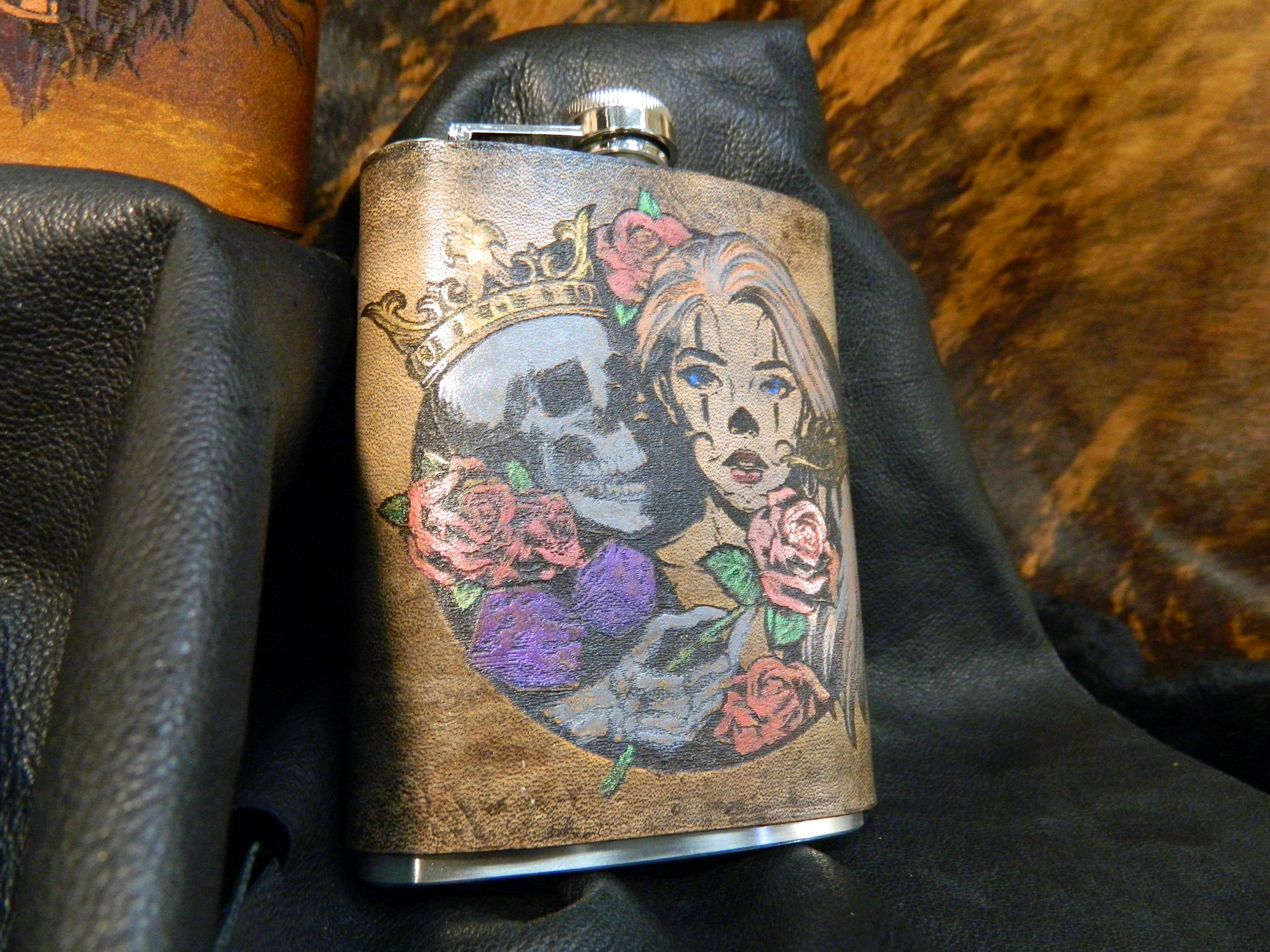 Products :: leather skull flasks with flasks laser engraved various styles