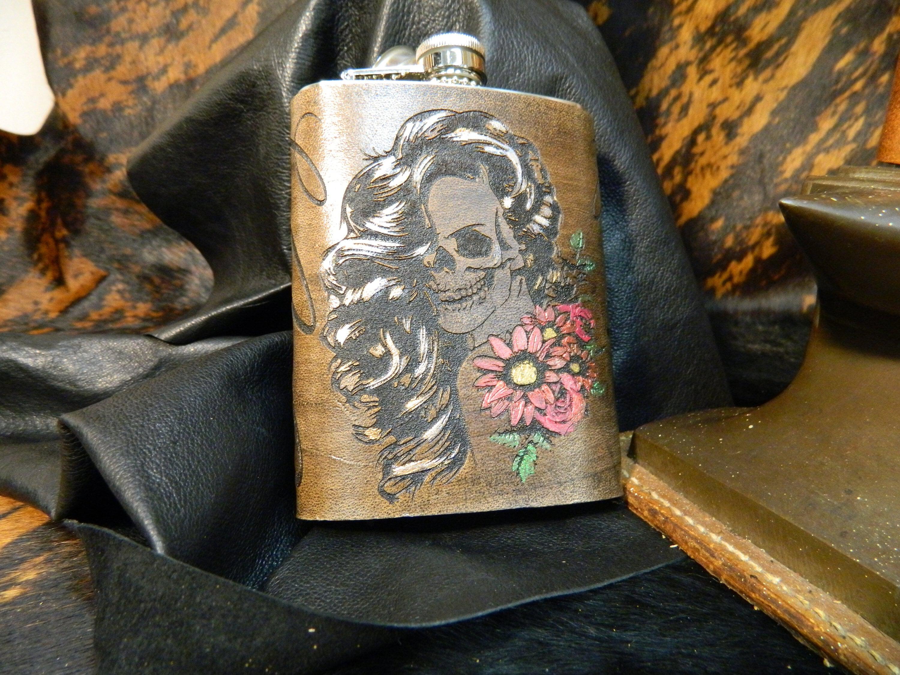 Products :: leather skull flasks with flasks laser engraved various styles