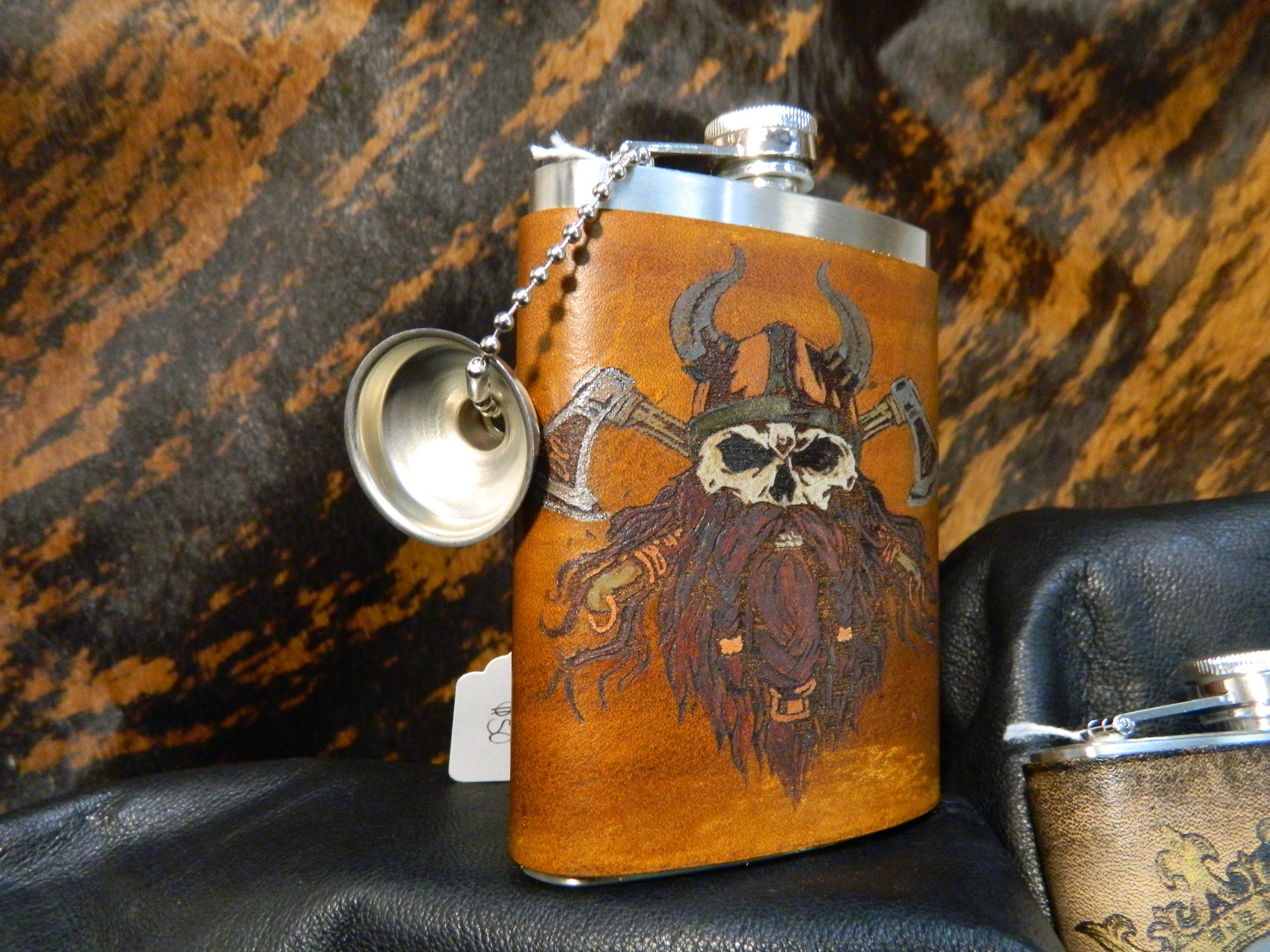 Products :: leather skull flasks with flasks laser engraved various styles