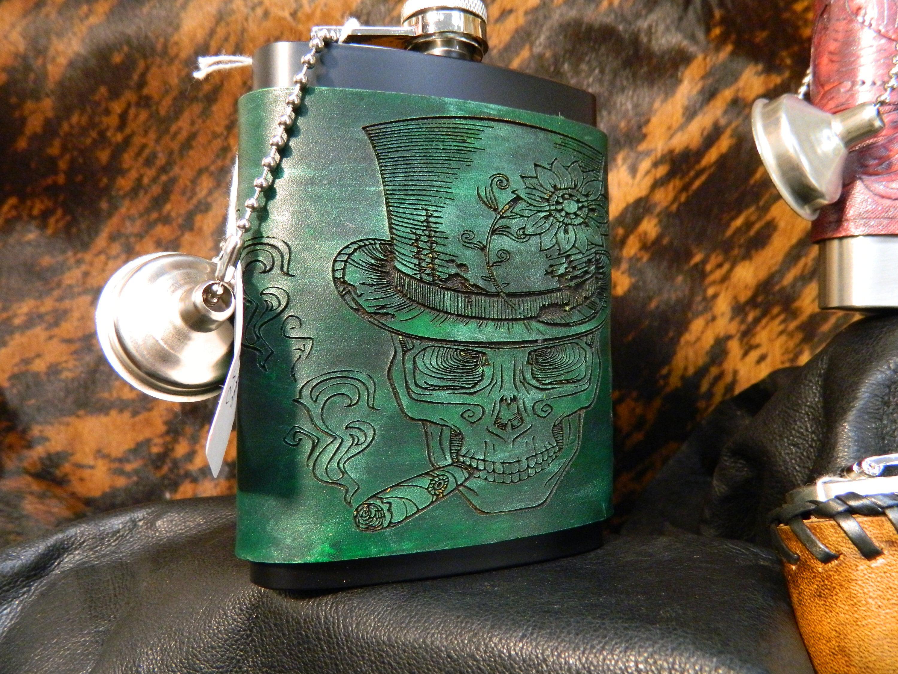 Products :: leather skull flasks with flasks laser engraved various styles