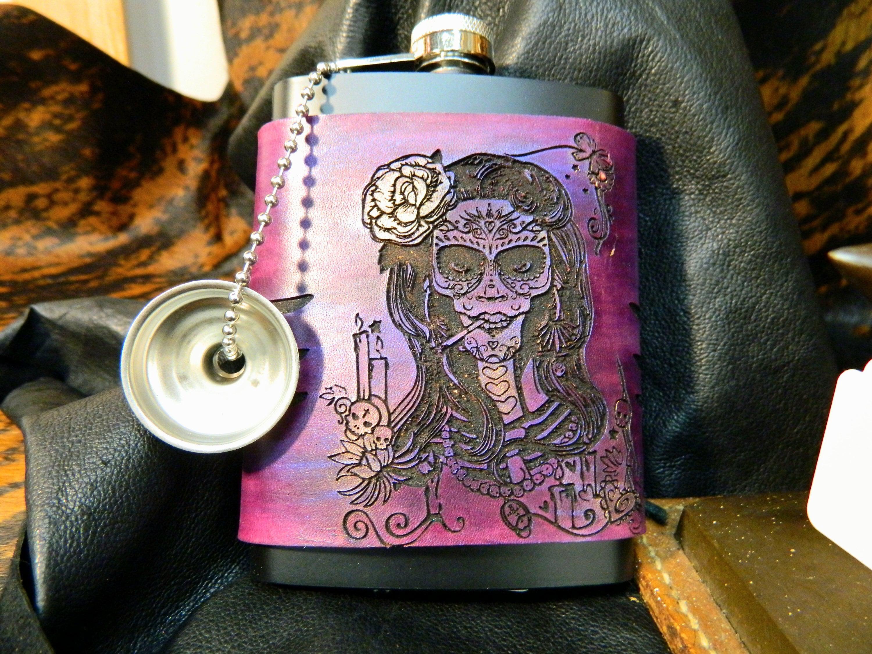 Products :: leather skull flasks with flasks laser engraved various styles