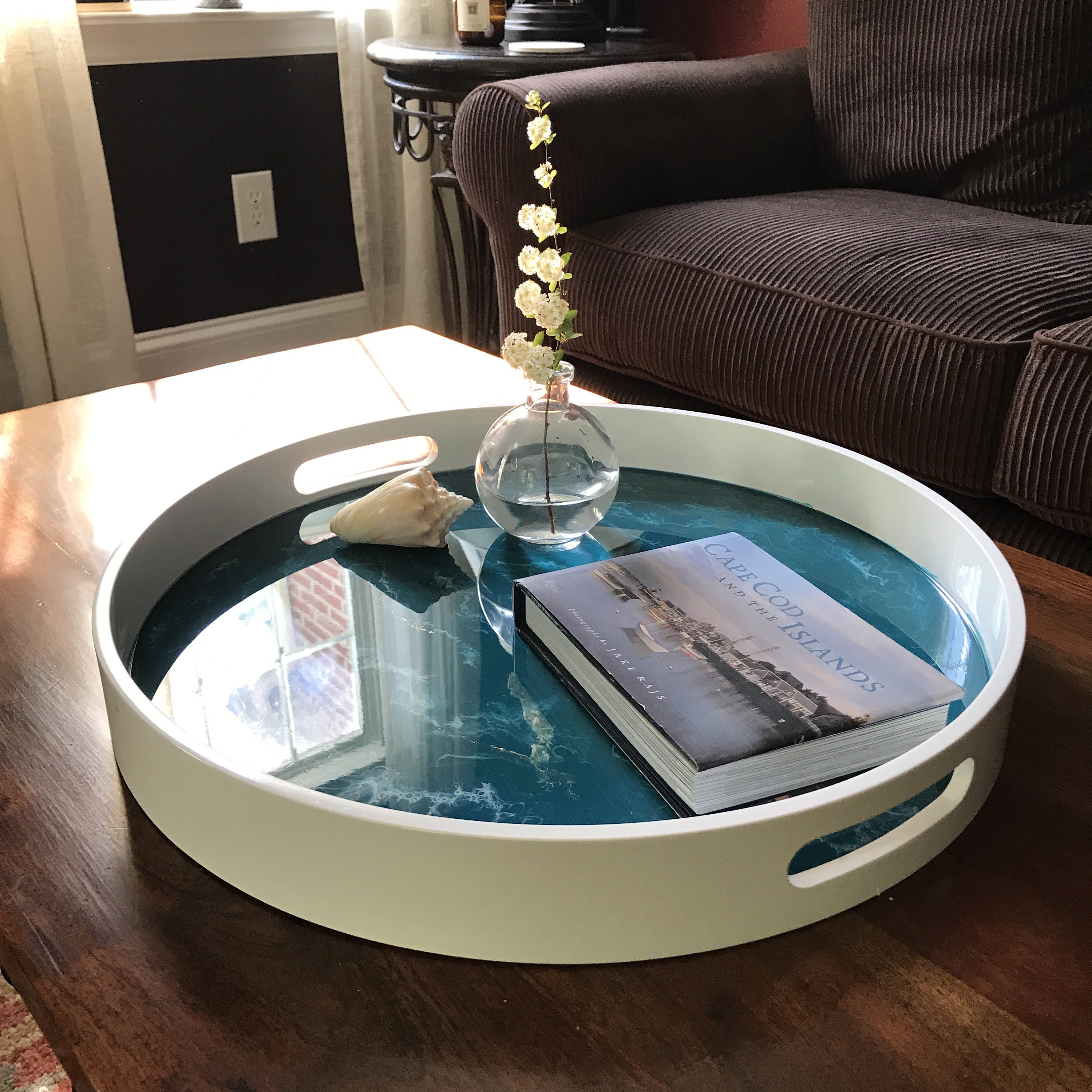 18 White Lacquer Serving Tray with Handles Aqua Ottoman Tray