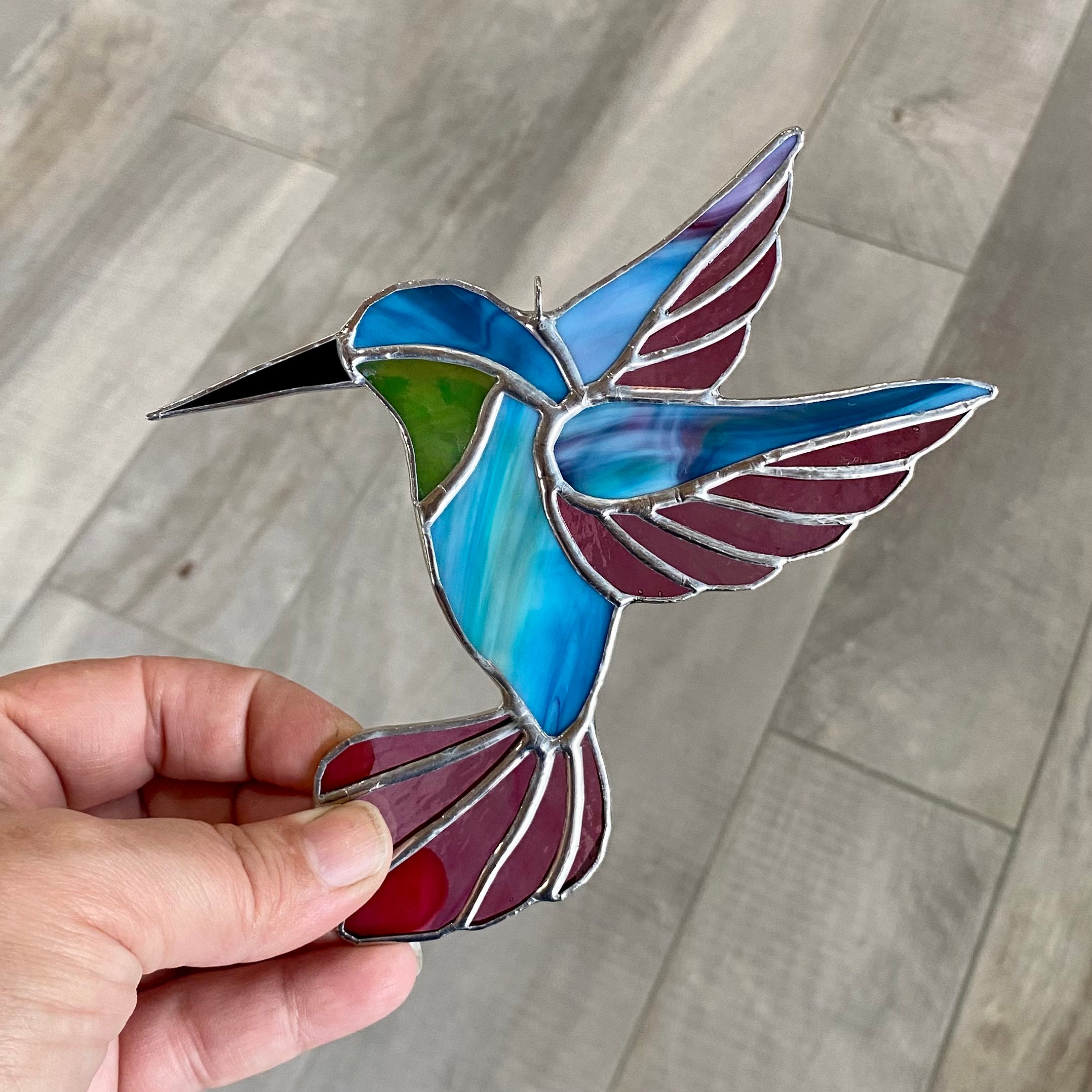 Products :: Handcrafted stained glass hummingbird suncatcher in aqua ...