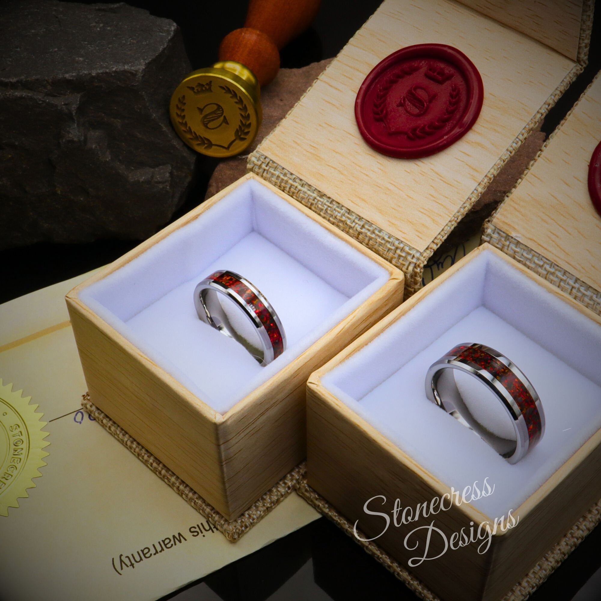 Jewelry Rings Wedding Bands Blood Red Couples Rings His and Her Rings Polished Tungsten Rings Matching Rings