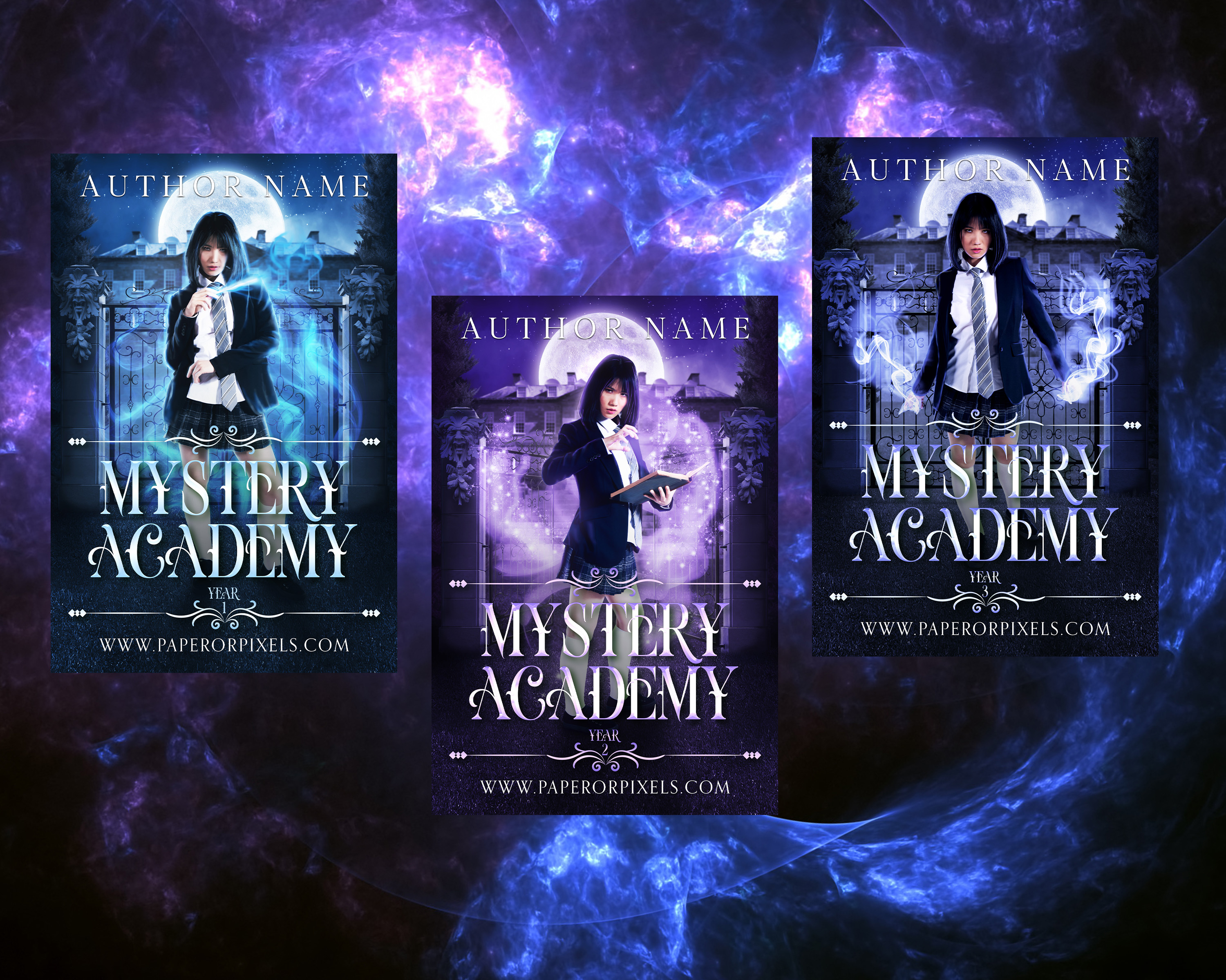 Urban Fantasy Premade Book Cover Set for Academy Themed Trilogy