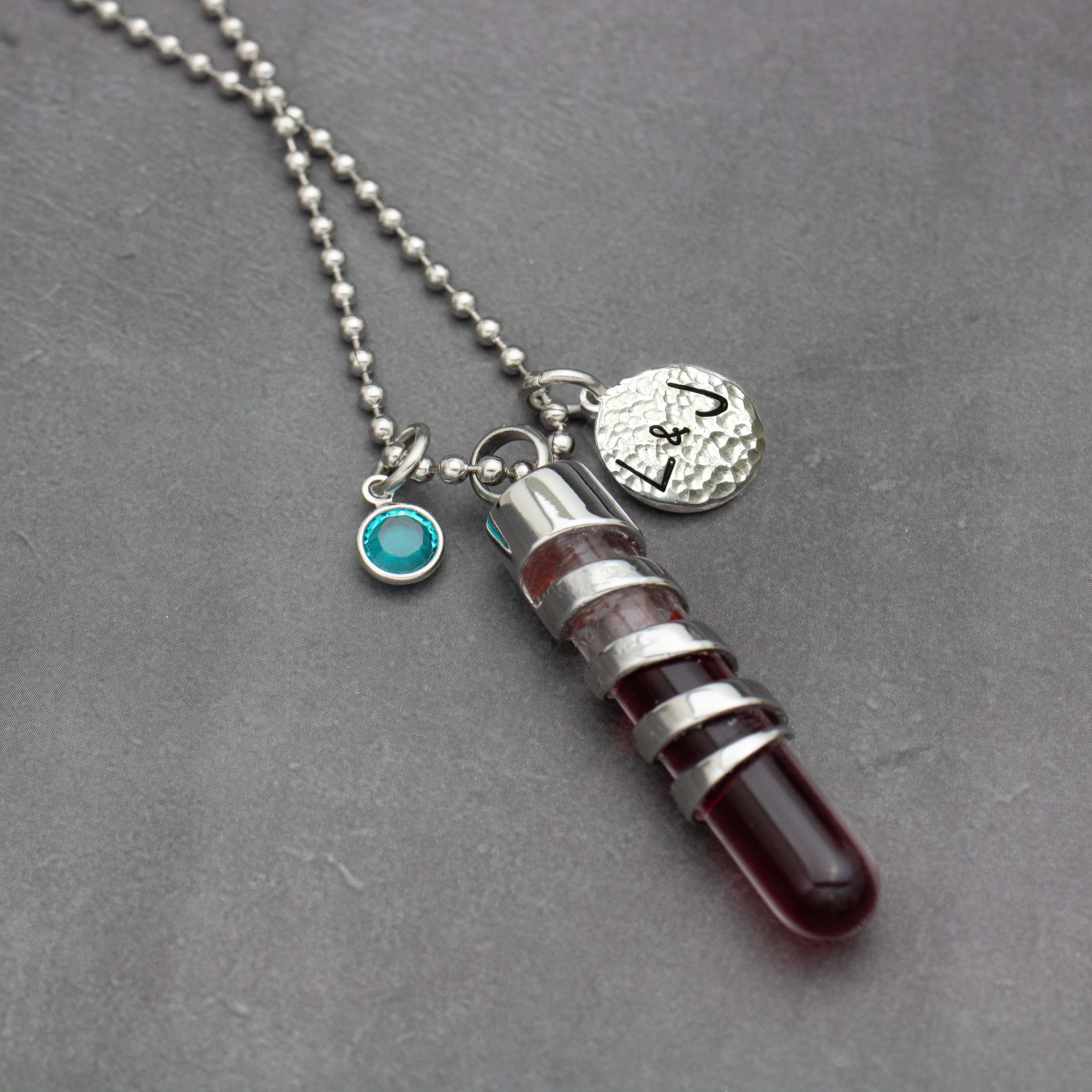 Blood Vial Necklace Personalized With Initials Crystal Of Your Anniversary Month Fill With Ocean Water Lake Water Sand Honeymoon Keepsake