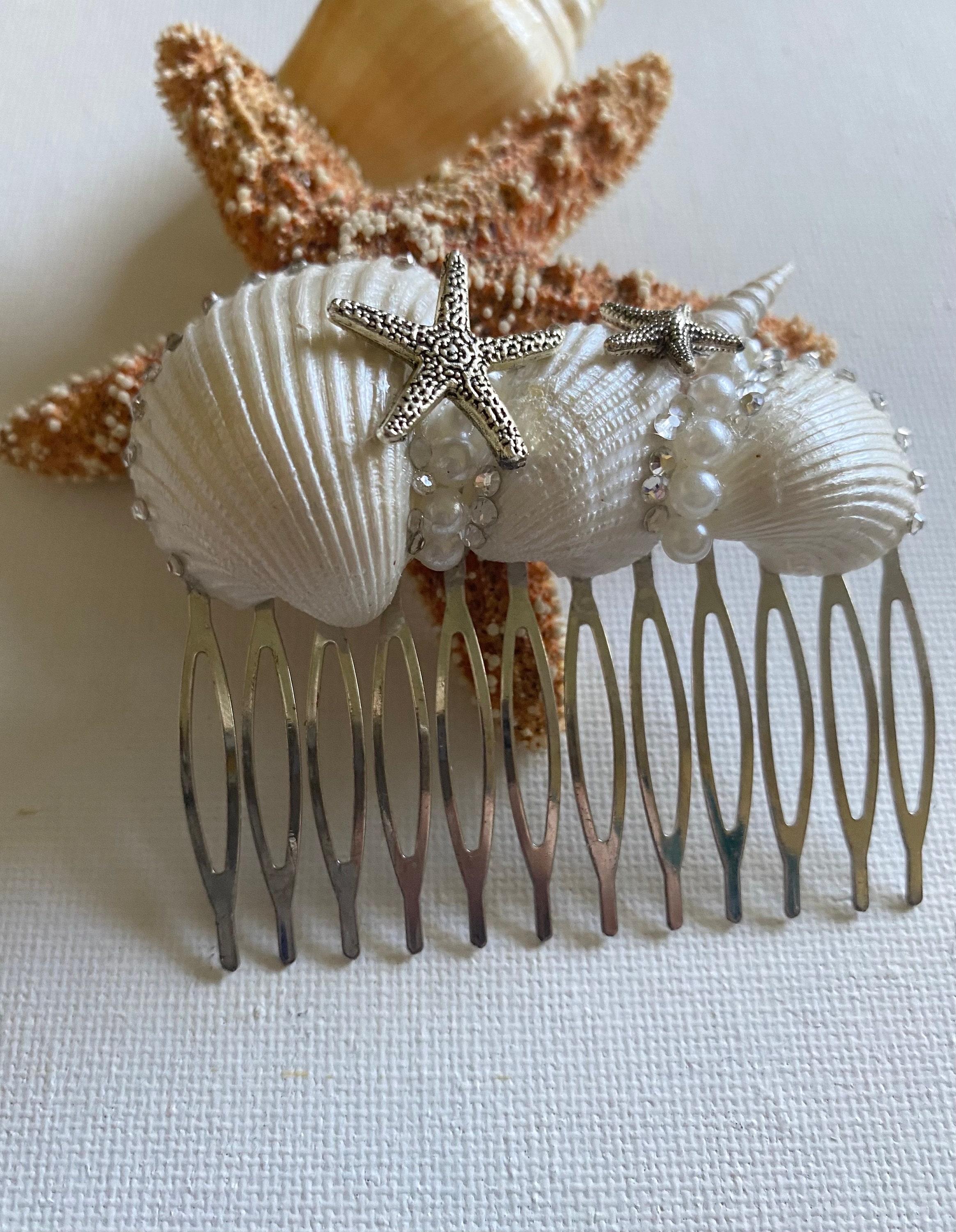 Products :: Seashell Hair Comb, with Silver Starfish and Pearls, Beach ...
