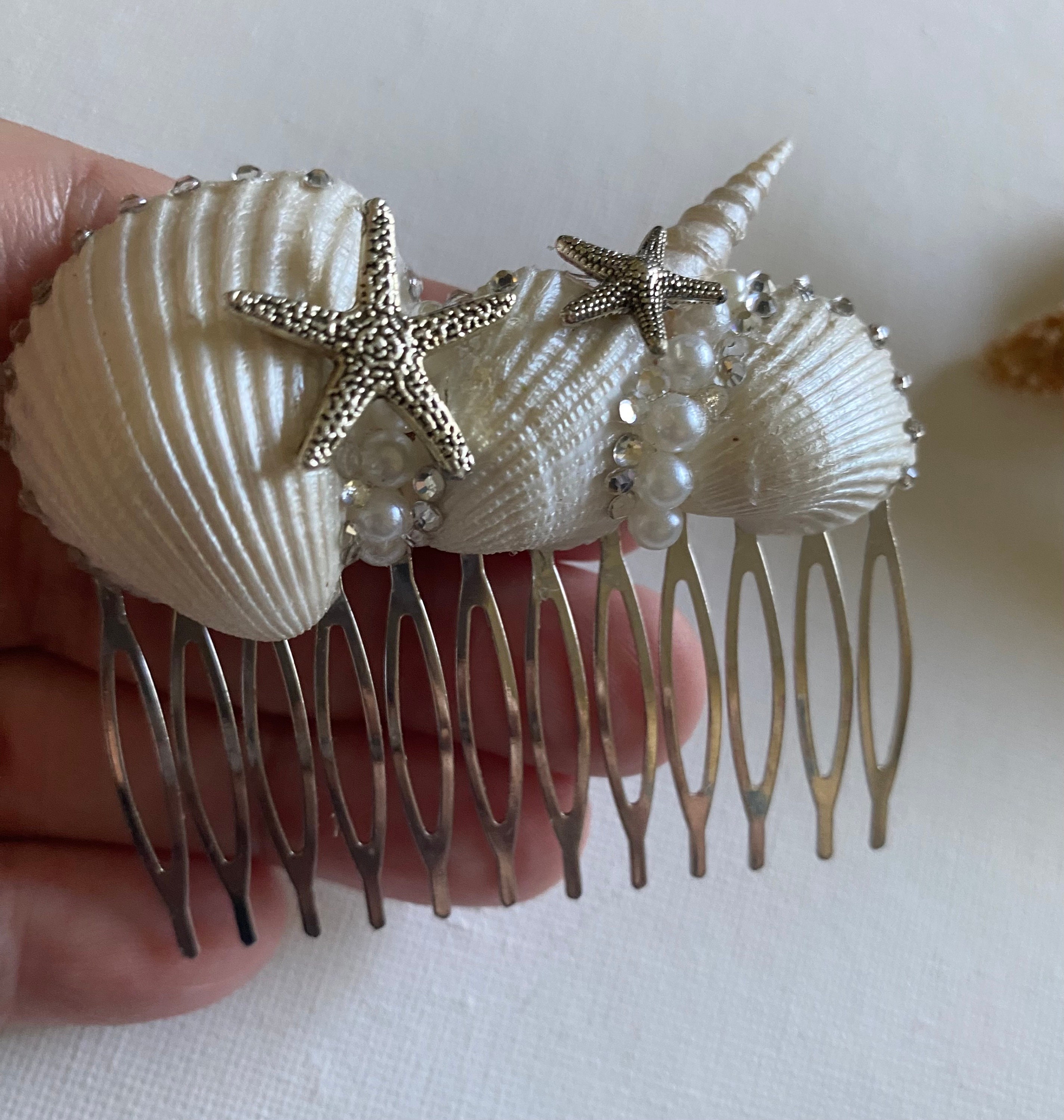 Products :: Seashell Hair Comb, with Silver Starfish and Pearls, Beach ...