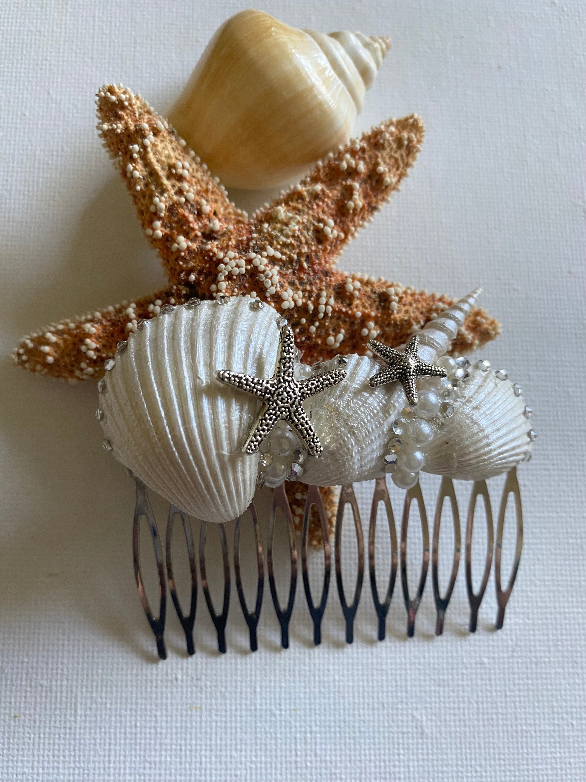 Products :: Seashell Hair Comb, with Silver Starfish and Pearls, Beach ...