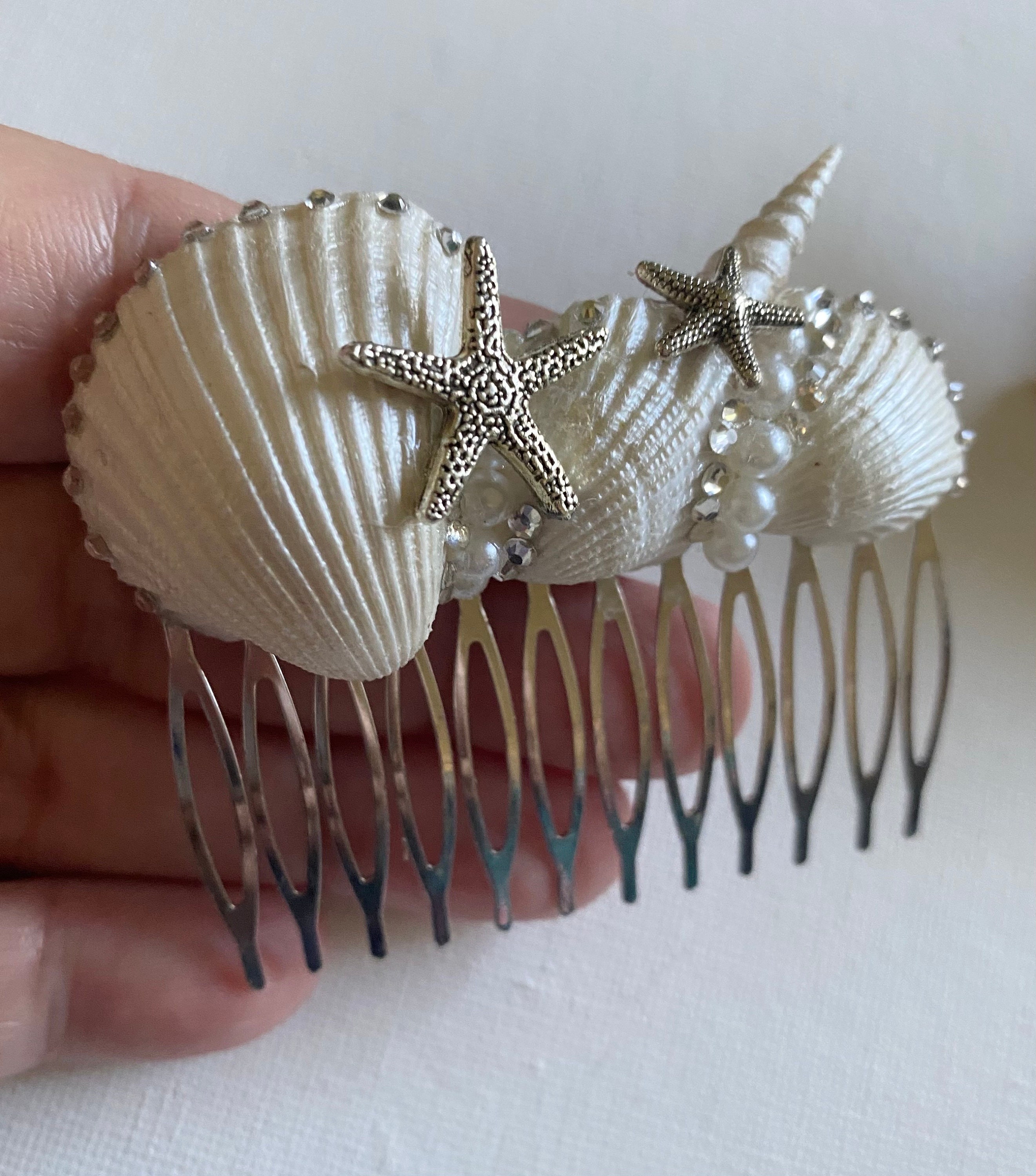 Products :: Seashell Hair Comb, with Silver Starfish and Pearls, Beach ...