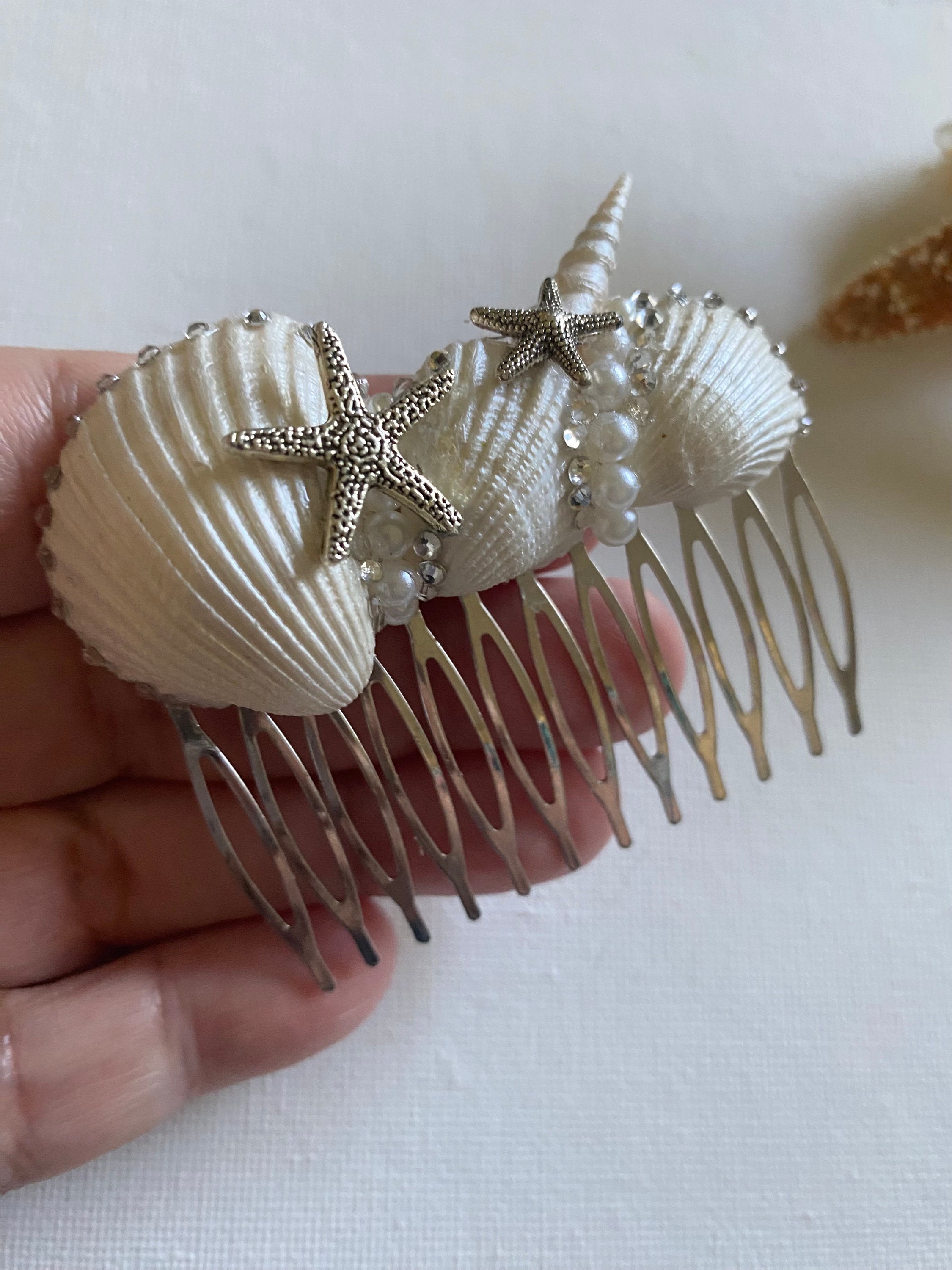Products :: Seashell Hair Comb, with Silver Starfish and Pearls, Beach ...