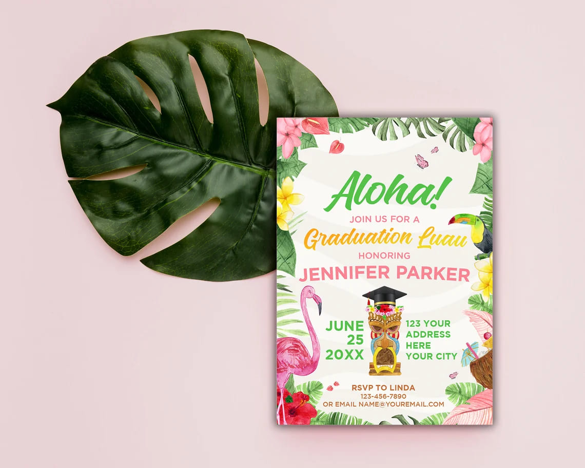 Editable Luau Hawaiian Theme Graduation Party Invitation