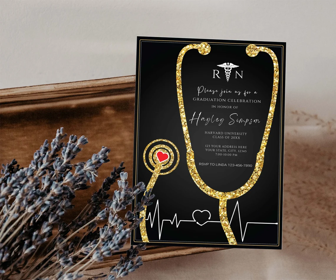 Editable Nurse Graduation Invitation Black and Gold Template
