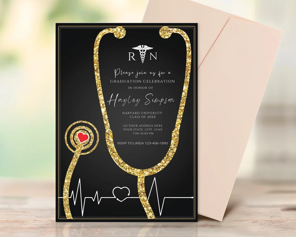 Editable Nurse Graduation Invitation Black and Gold Template