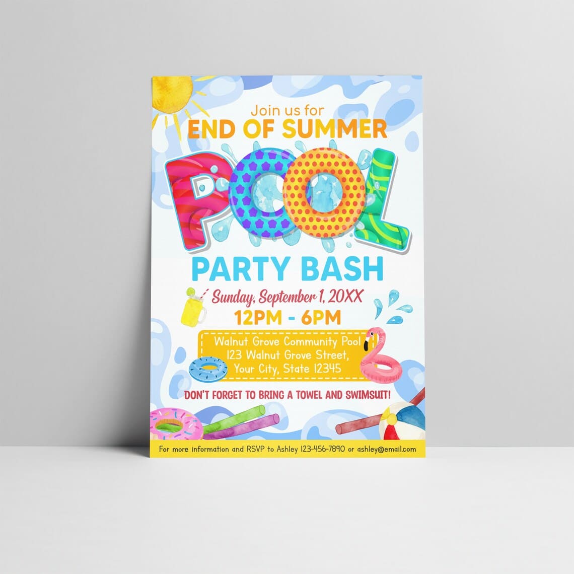 Editable End of Summer School Pool Party Invitation Template