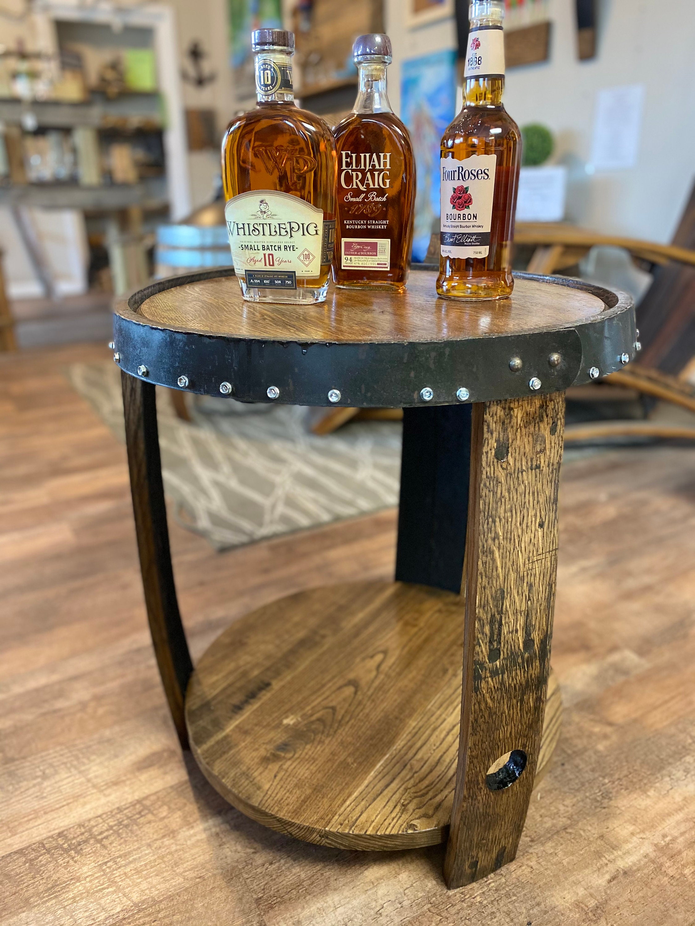 Rustic Whiskey Barrel Side Table Unique Man Cave Furniture for Bourbon Enthusiasts Outdoor Spaces